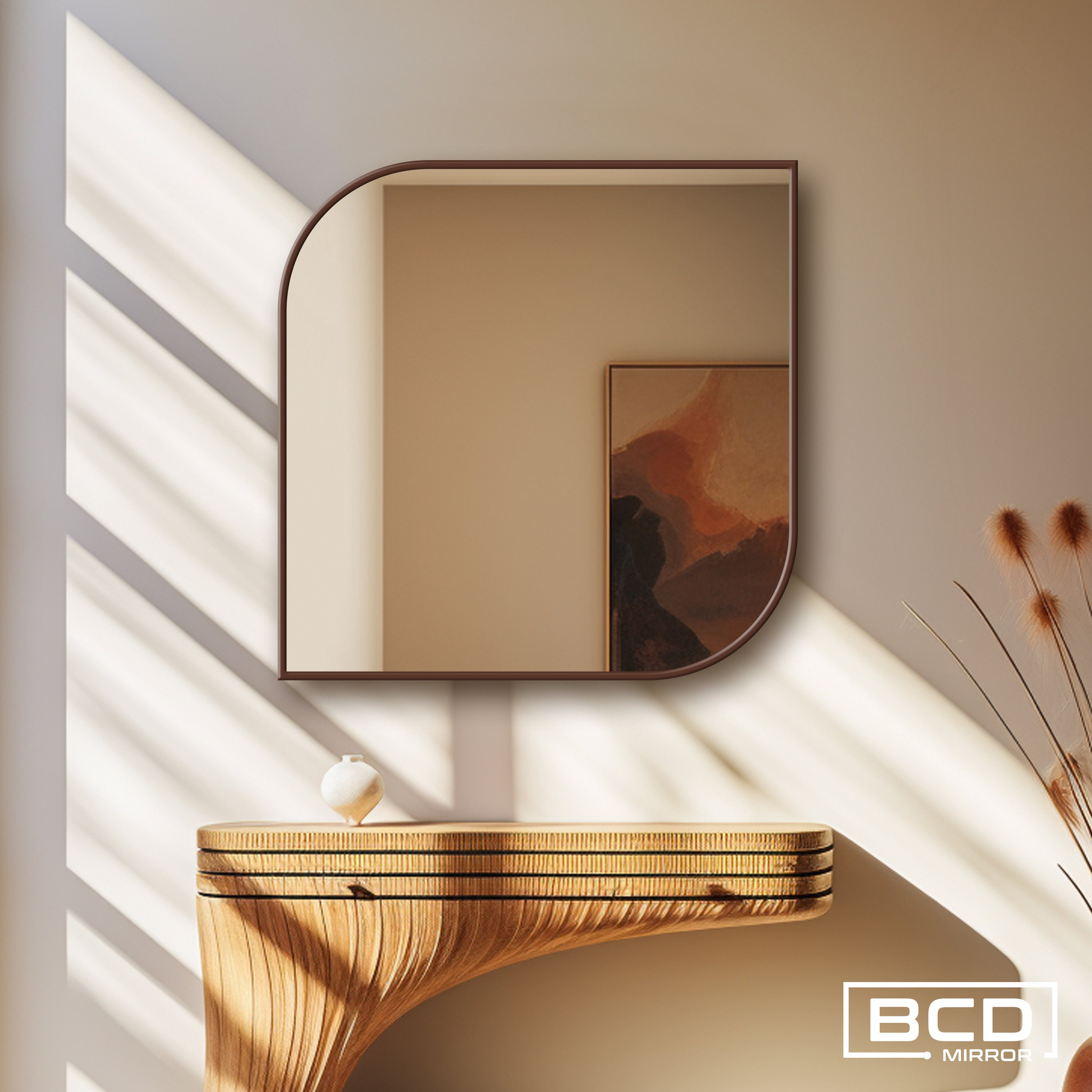 Square Esthetic Bathroom Livingroom Wooden Wall Mirror L Stylish Simple ...