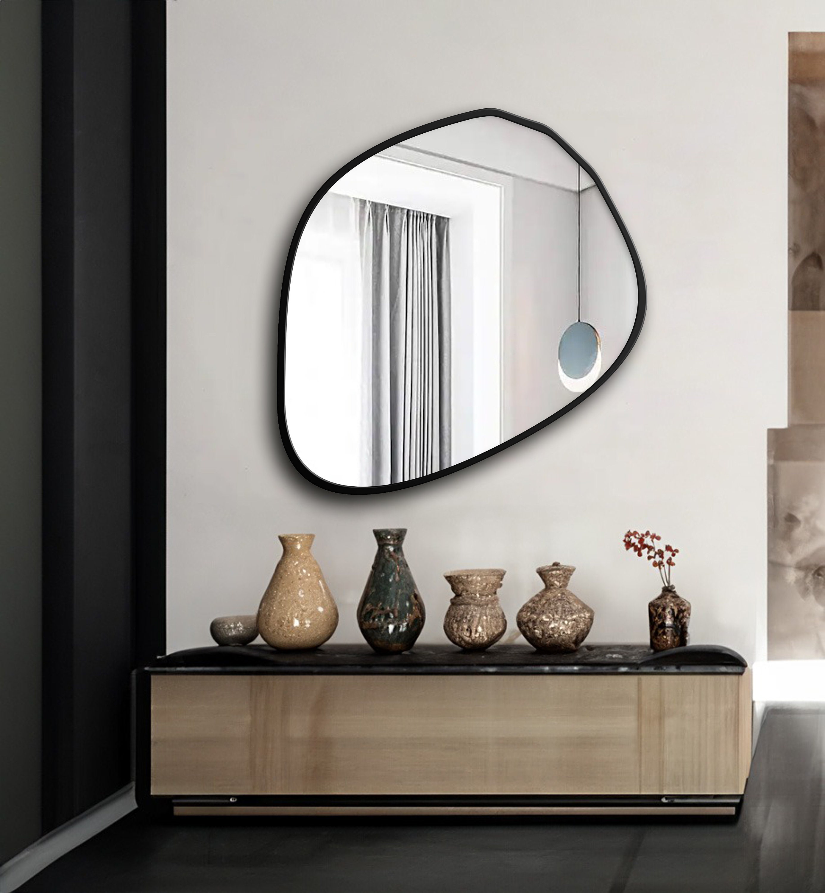Asymmetrical Irregular Round Wall Wood Home Decor Mirror, Entryway ...