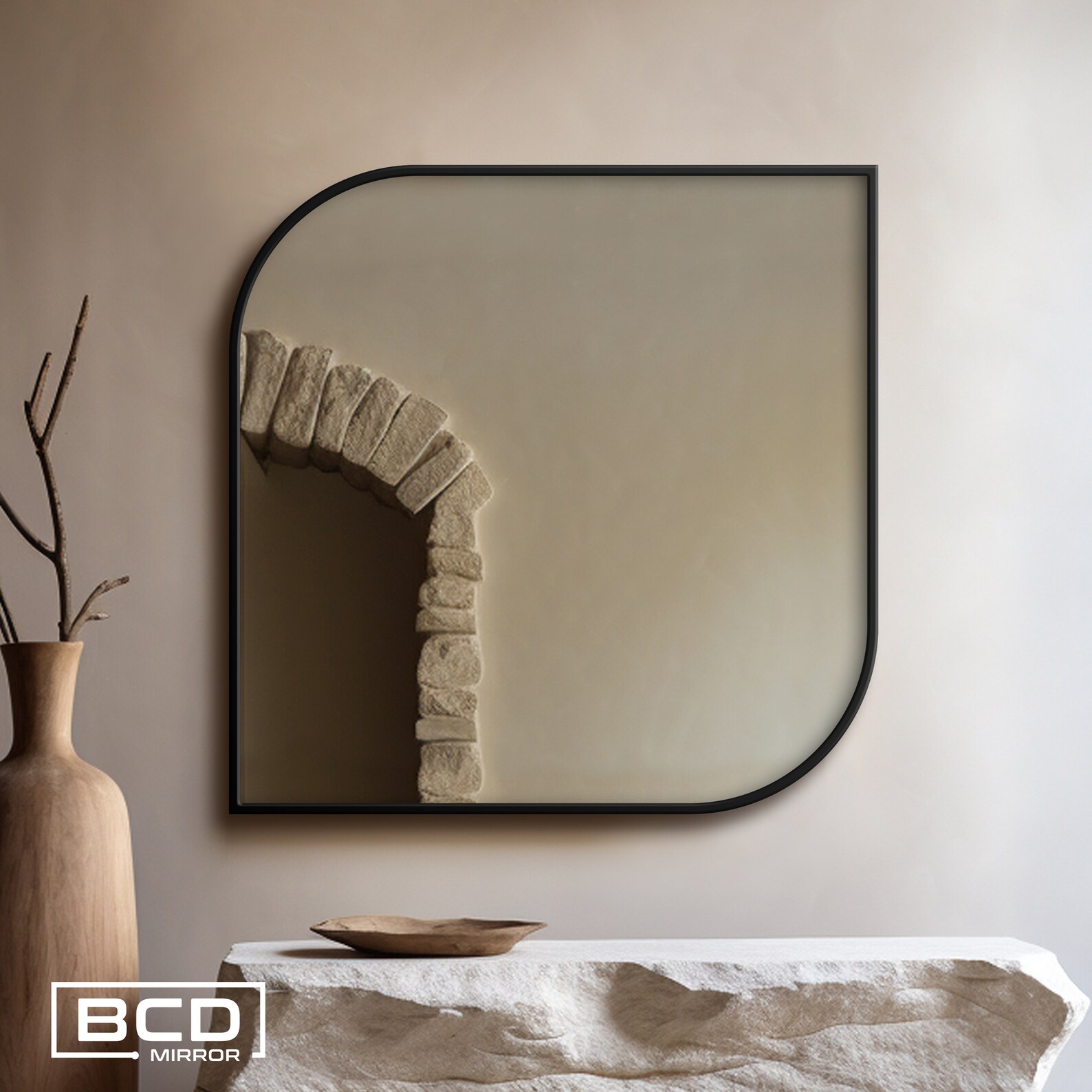 Square Esthetic Bathroom Livingroom Wooden Wall Mirror L Stylish Simple ...