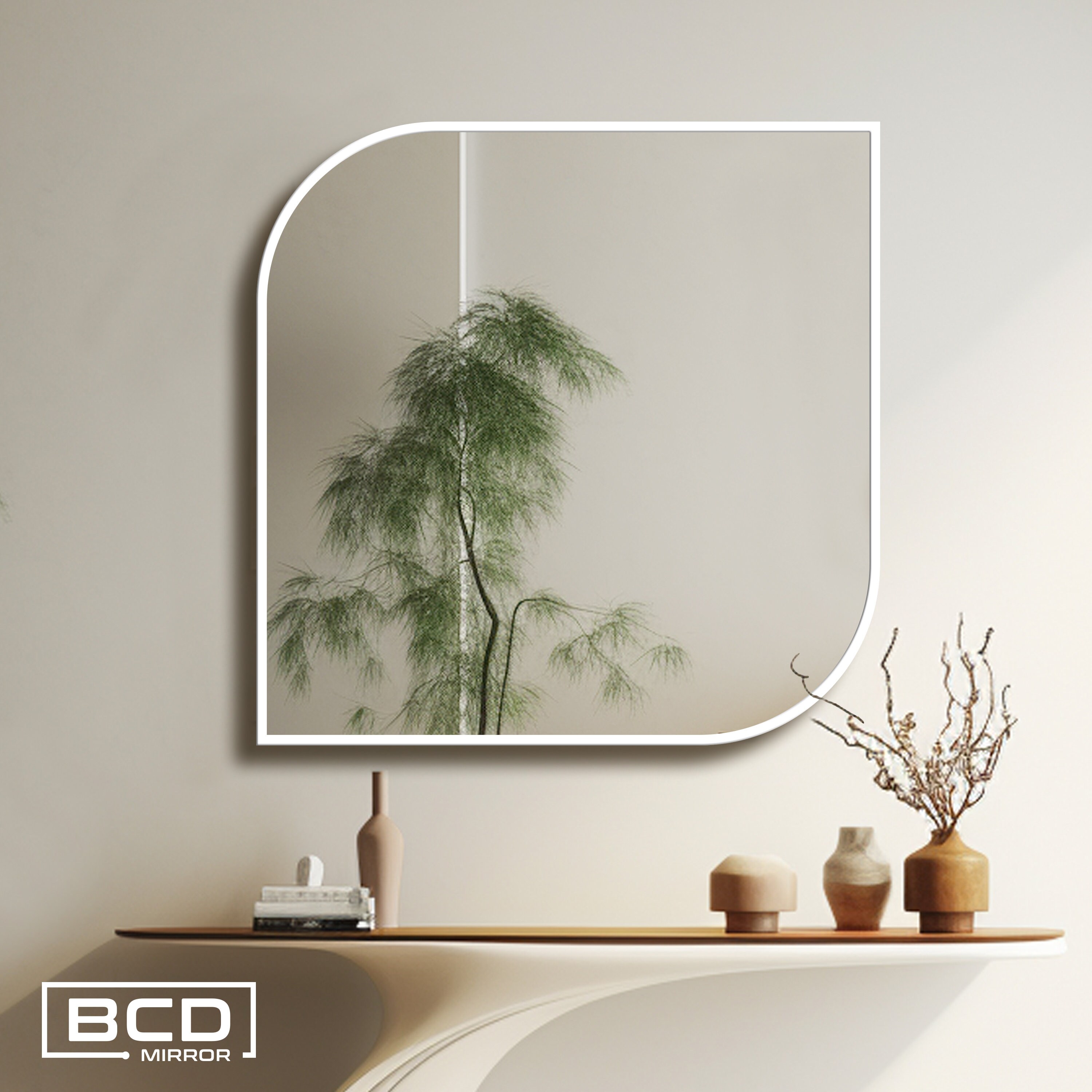 Square Esthetic Bathroom Livingroom Wooden Wall Mirror L Stylish Simple ...