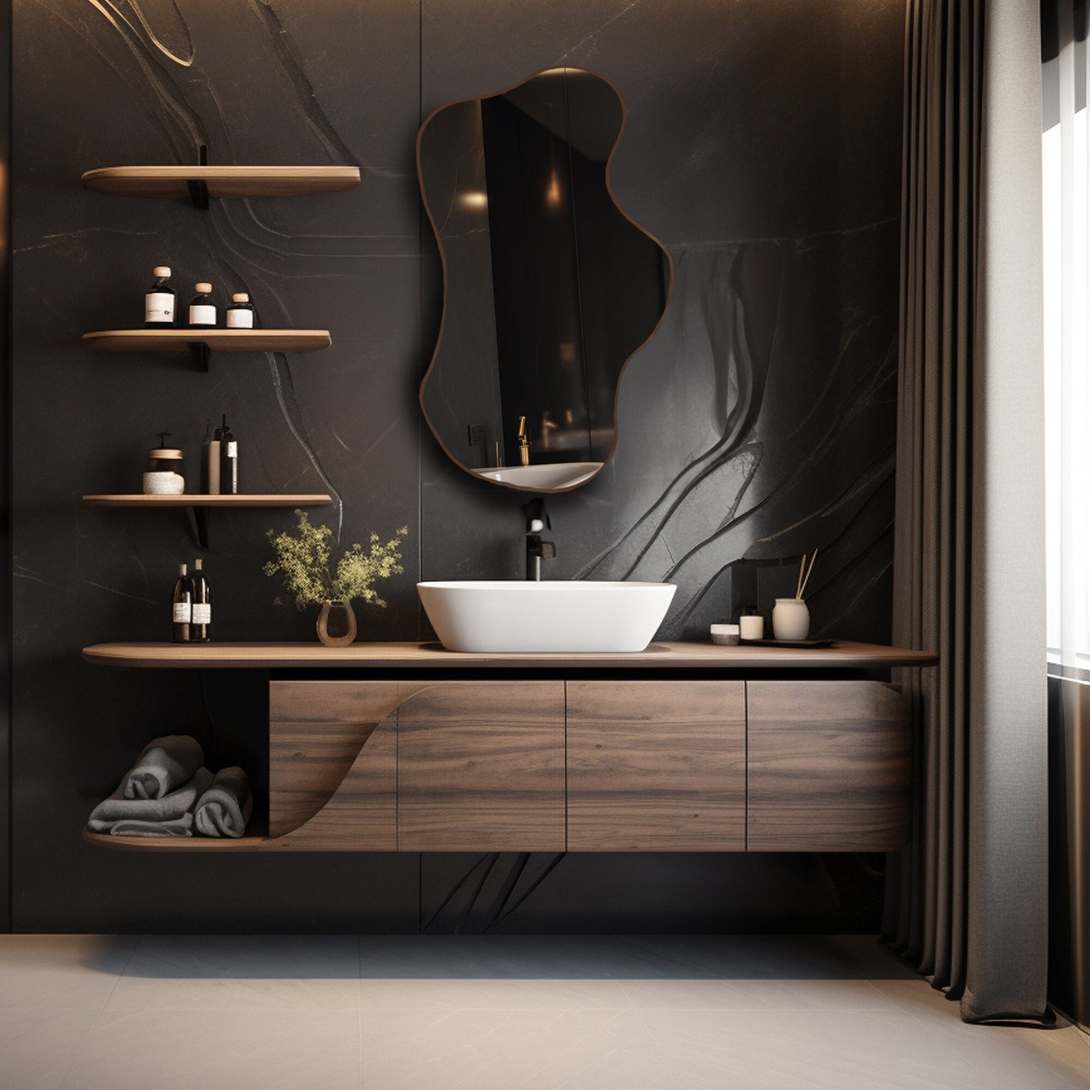 Asymmetrical Wavy Modern Irregular Wooden Wall Mirror L Livingroom ...