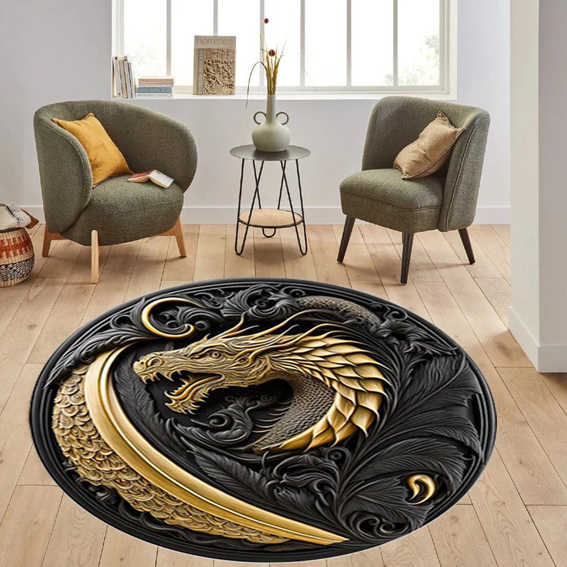 Dragon Rug, Mythological Rug, Dragon Round Rug, Decorative Rug, for ...