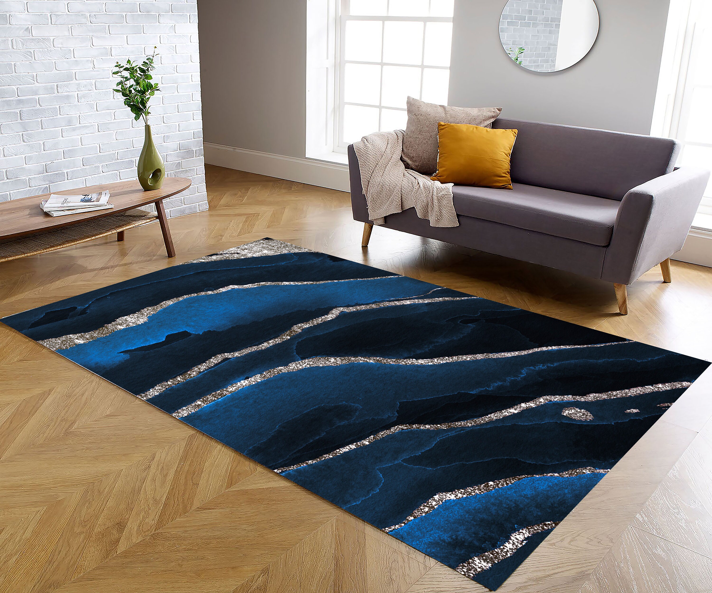 Dark Blue Marble Rug, Washable Rug, Personalized Rug, Silver and Blue ...