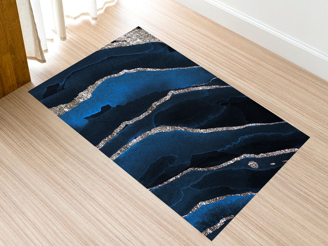 Dark Blue Marble Rug, Washable Rug, Personalized Rug, Silver and Blue ...
