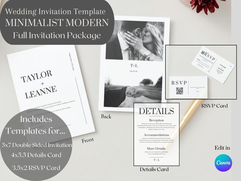 Wedding Invitation Template Package- Minimalist Modern. Double Sided ...