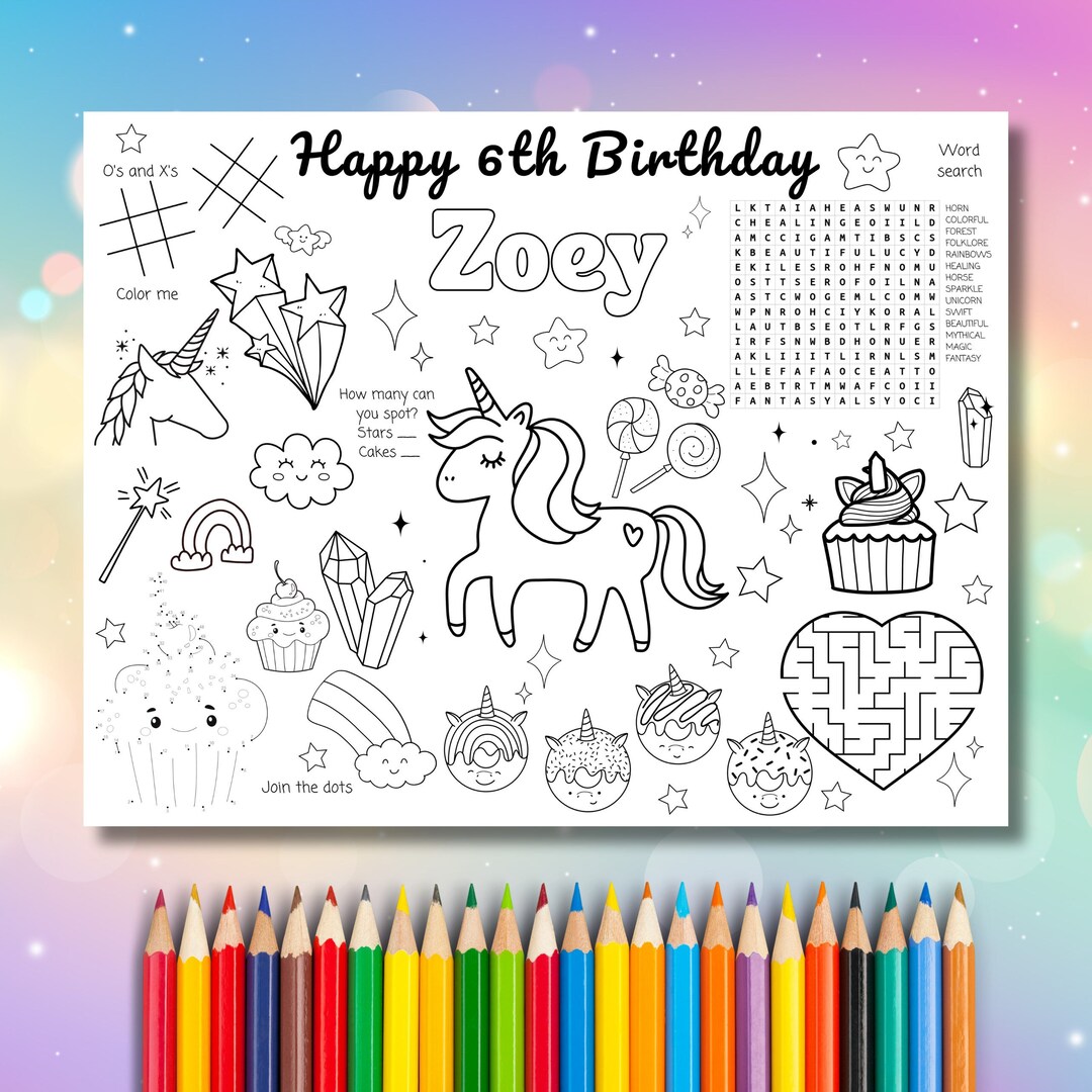 Custom Unicorn Colouring Page Activity Sheet Placemat Birthday Party ...