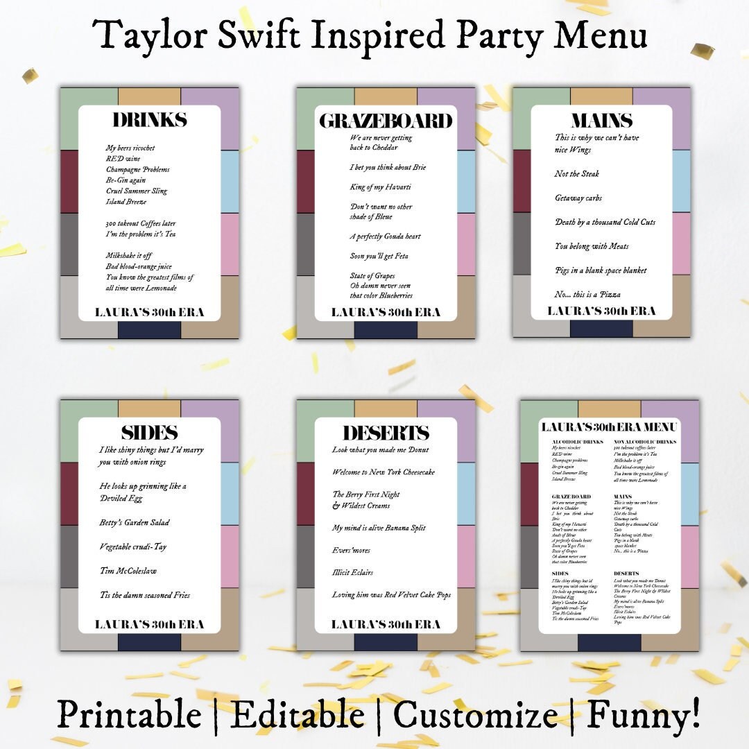 Taylor Eras Birthday Instant Download Editable Printable Party Menu ...