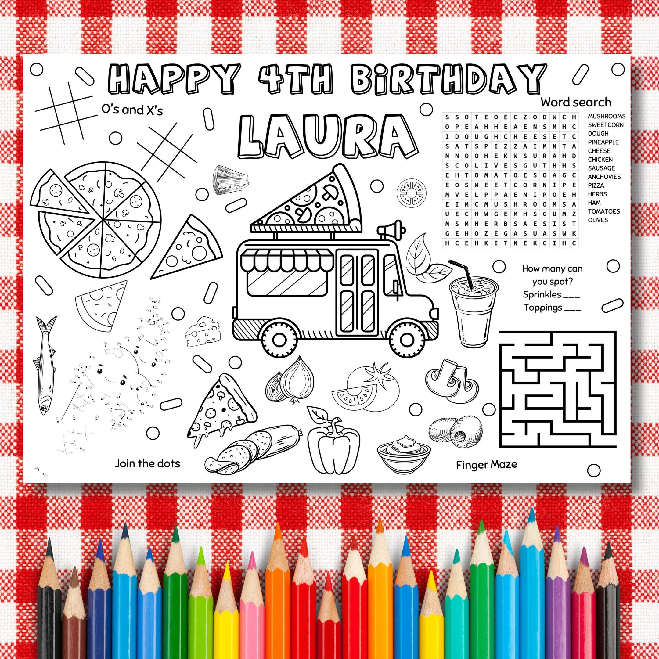 Custom Pizza Coloring Page Activity Sheet Placemat Party Favours ...