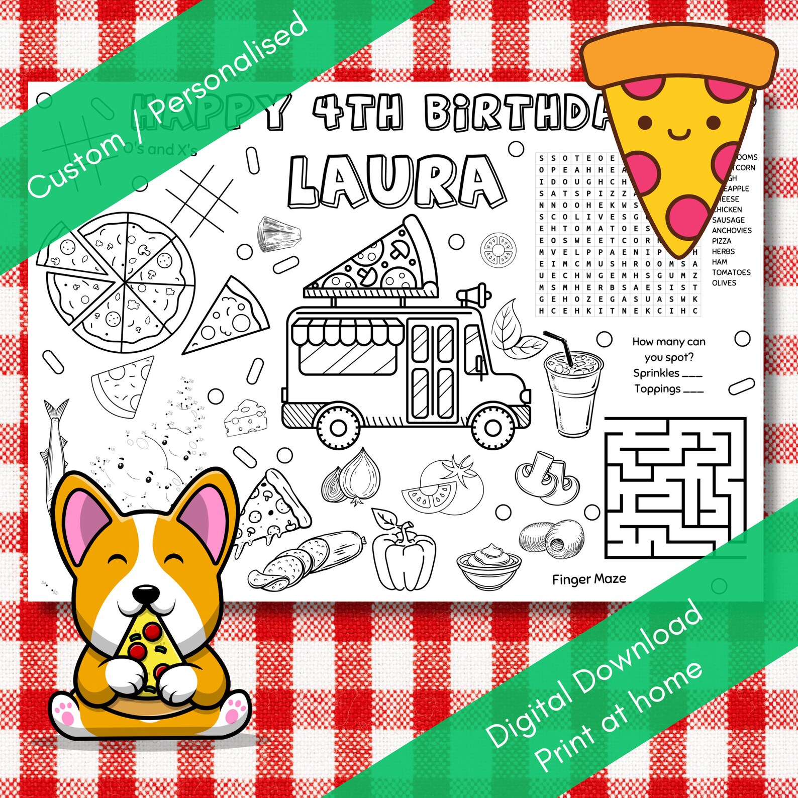 Custom Pizza Coloring Page Activity Sheet Placemat Party Favours ...