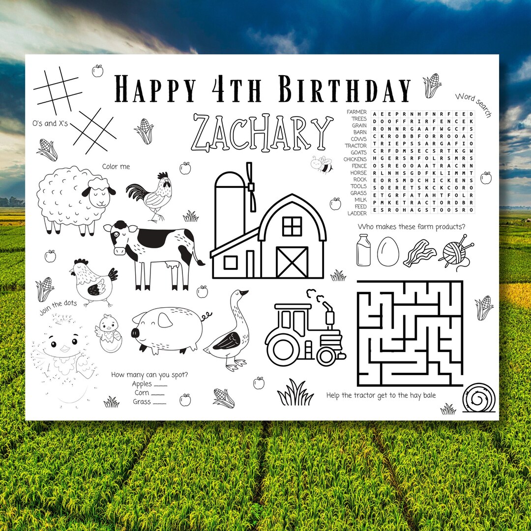 Custom Farm Colouring Page Activity Sheet Placemat Party Favours ...