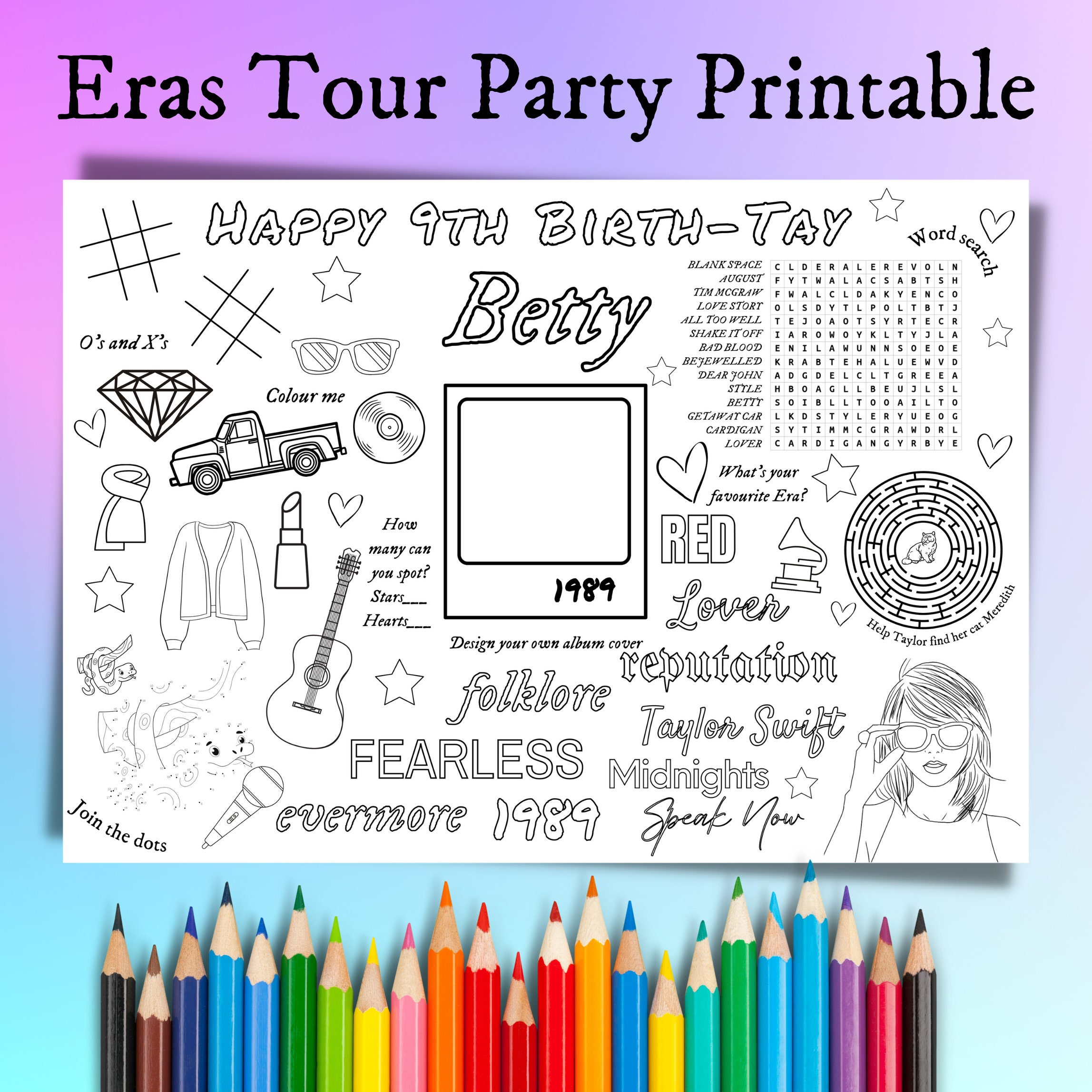 Custom Taylor Colouring Page Activity Sheet Placemat Party Favours ...