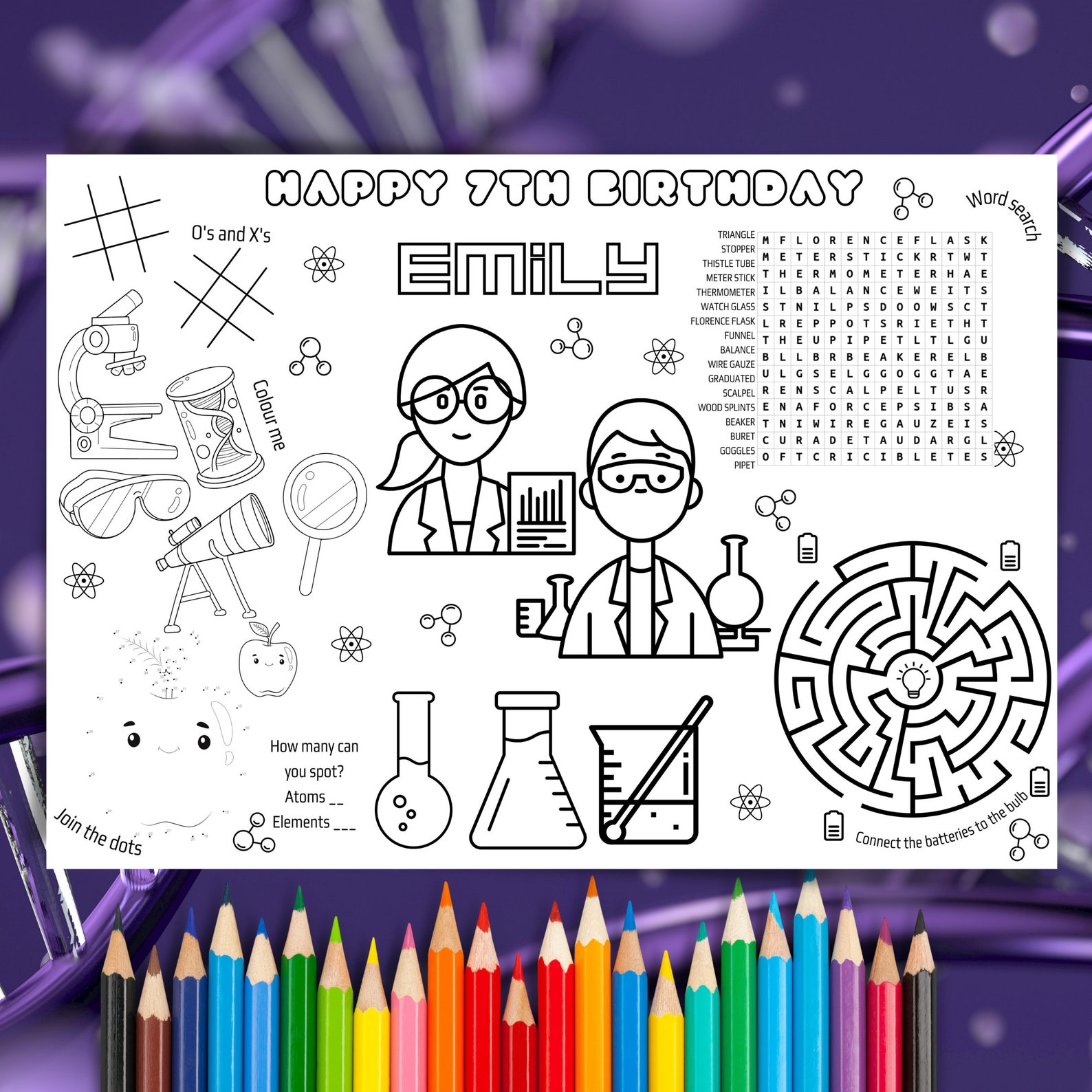 Custom Science Colouring Page Activity Sheet Placemat Party Favours ...