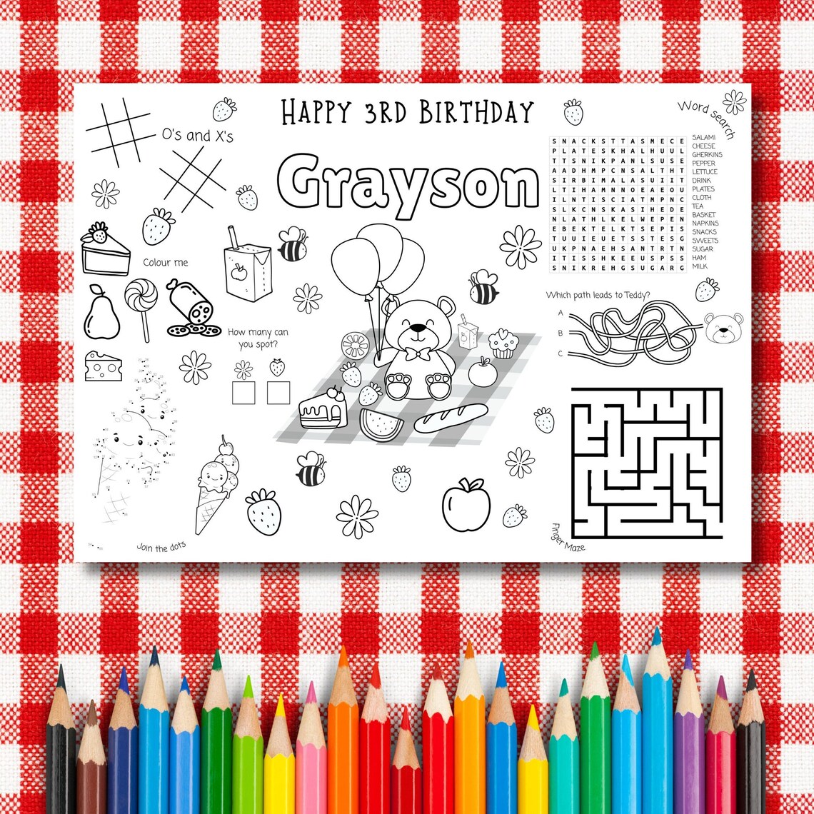 Custom Teddy Bears Picnic Colouring Page Activity Sheet Placemat ...