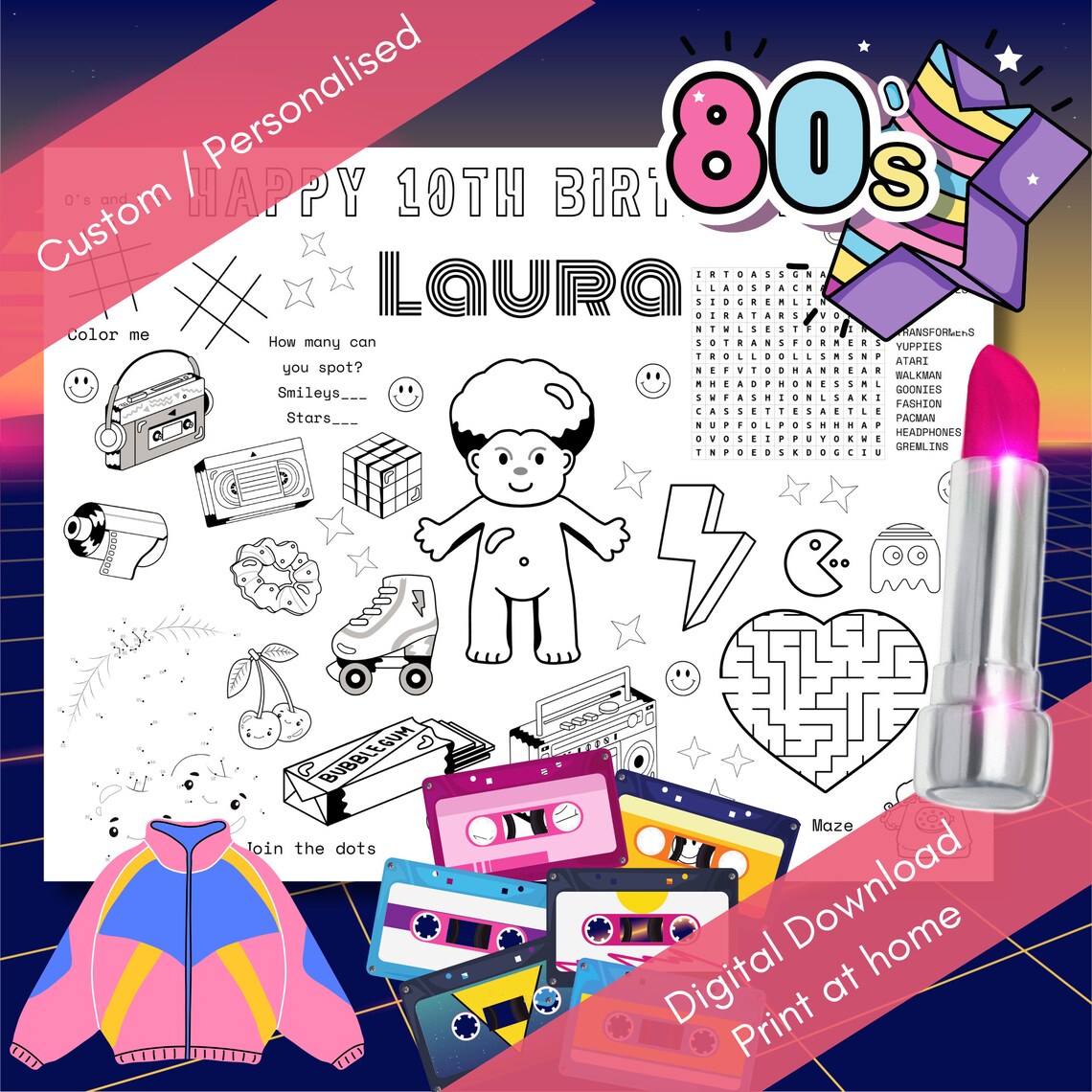 Custom 80's Colouring Page Activity Sheet Placemat Party Favours ...