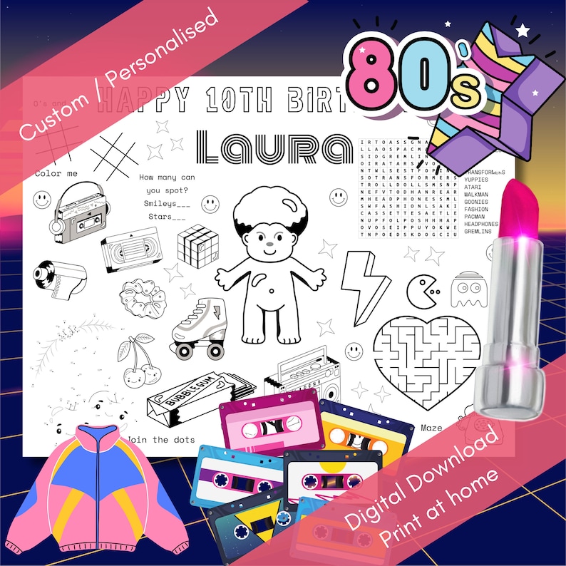 Custom 80's Colouring Page Activity Sheet Placemat Party Favours ...