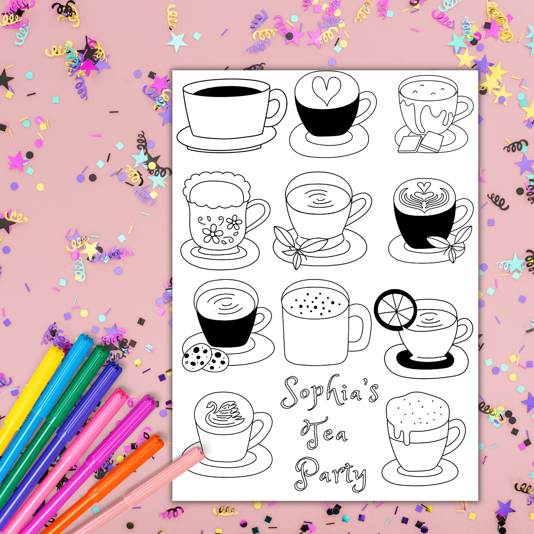Custom Tea Party Colouring Pages Book Sheets Birthday Party Favours ...