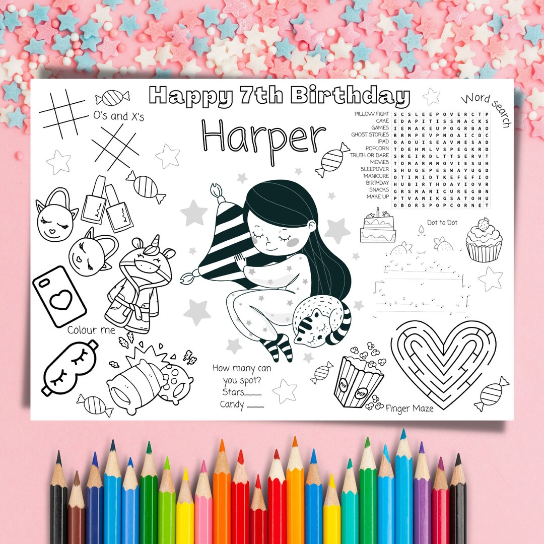 Custom Sleepover Slumber Party Colouring Page Activity Sheet Placemat ...