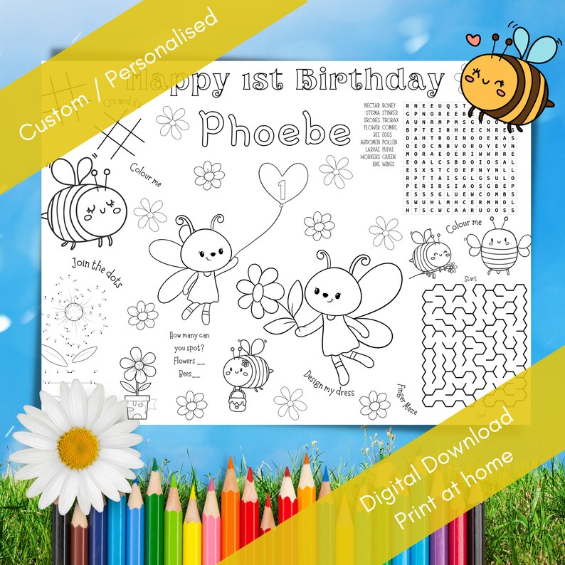 Custom Bee Flower Colouring Page Activity Sheet Placemat Party Favour ...
