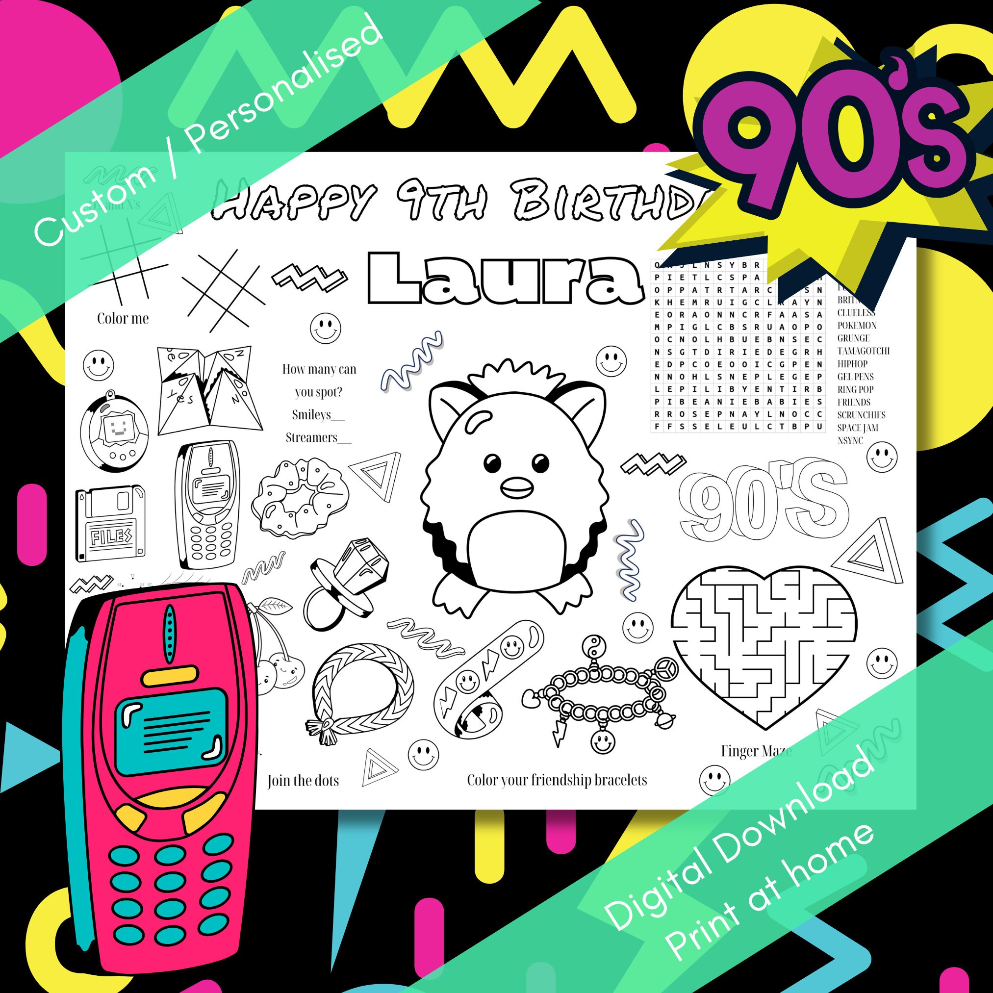 Custom 90's Colouring Page Activity Sheet Placemat Party Favours ...
