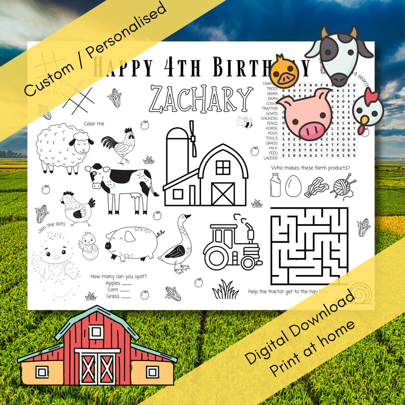 Custom Farm Colouring Page Activity Sheet Placemat Party Favours ...