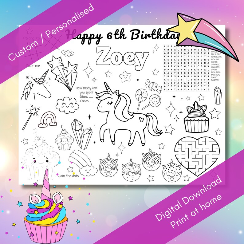 Custom Unicorn Colouring Page Activity Sheet Placemat Birthday Party ...