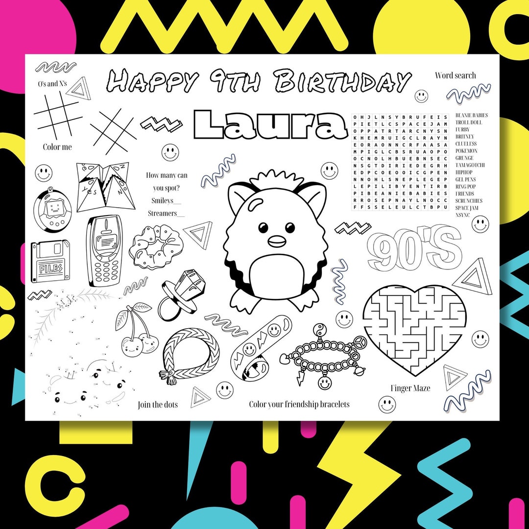 Custom 90's Colouring Page Activity Sheet Placemat Party Favours ...
