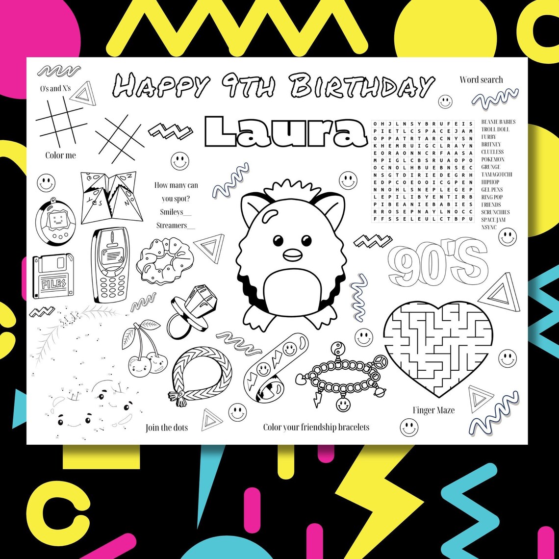 Custom 90's Colouring Page Activity Sheet Placemat Party Favours ...