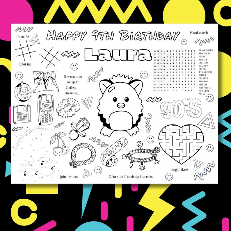 Custom 90's Colouring Page Activity Sheet Placemat Party Favours ...