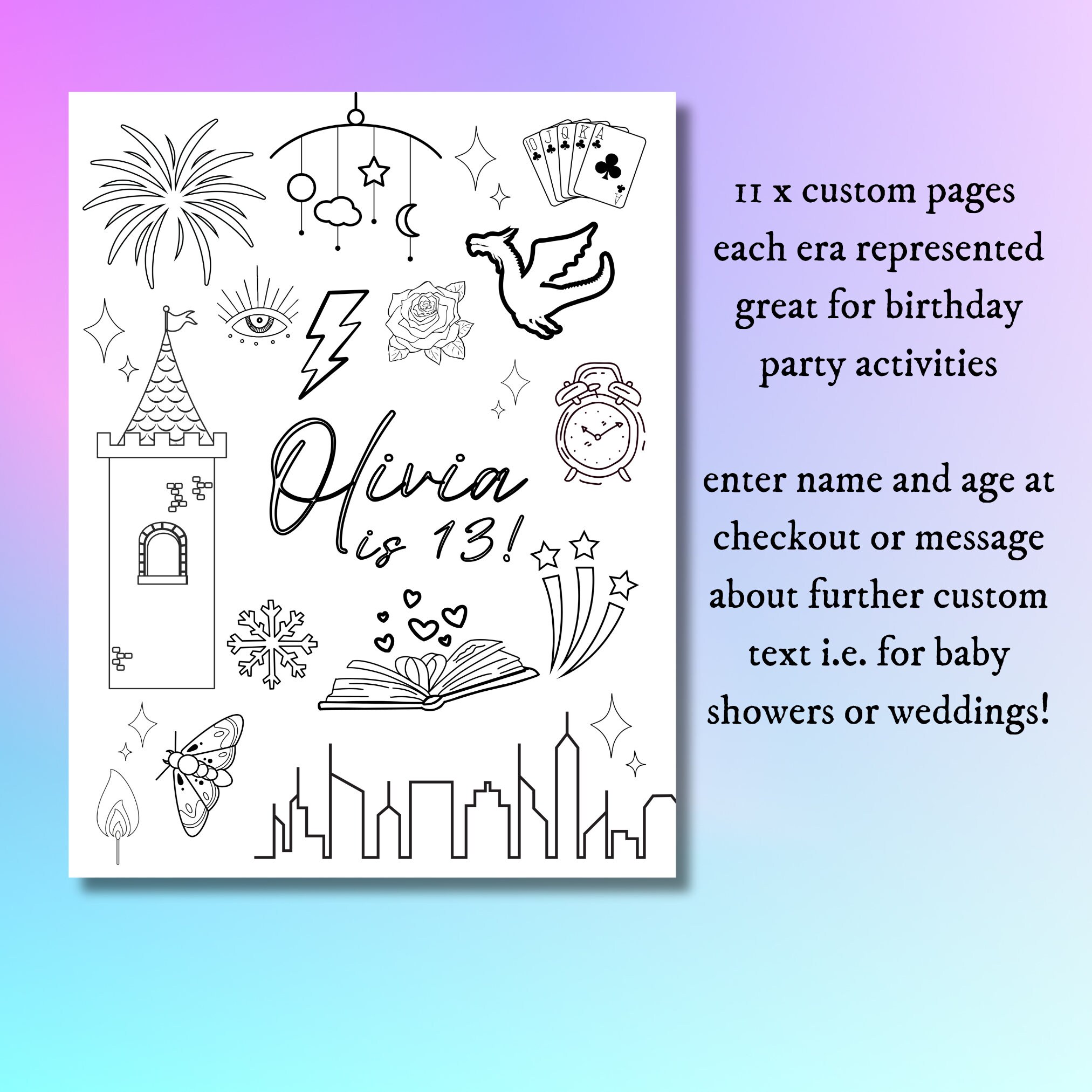 Custom Taylor Eras Colouring Pages Sheets Personalized Party Favours ...