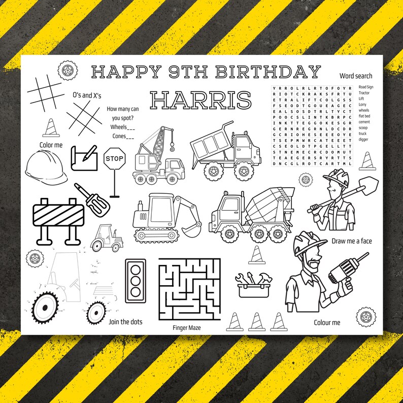 Custom Construction Colouring Page Activity Sheet Placemat Birthday ...