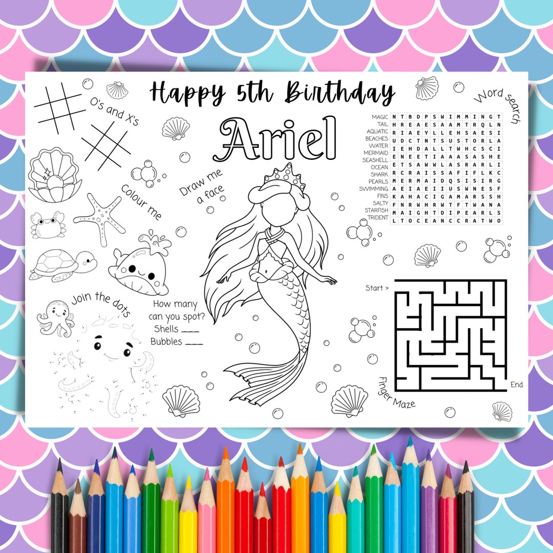 Custom Mermaid Colouring Page Activity Sheet Placemat Birthday Party ...