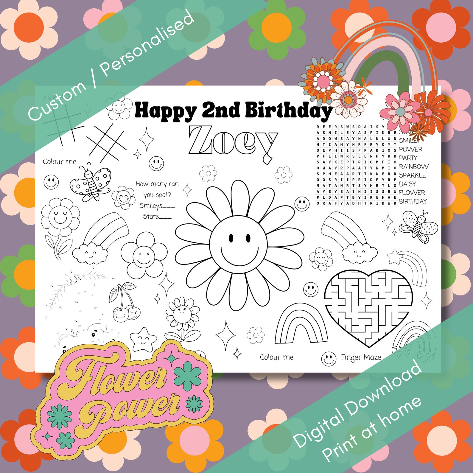 Custom Flower Power Colouring Page Activity Sheet Placemat Party ...