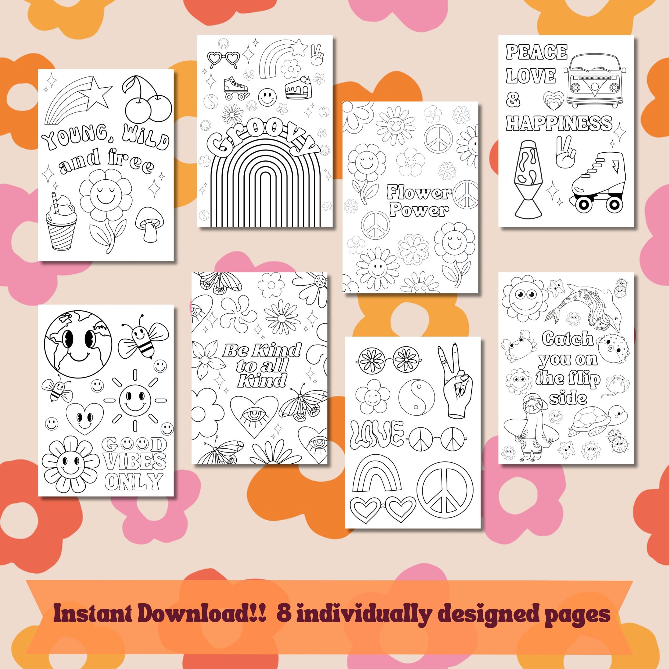 Groovy Baby Colouring Pages Instant Download Printable Flower Power Two ...