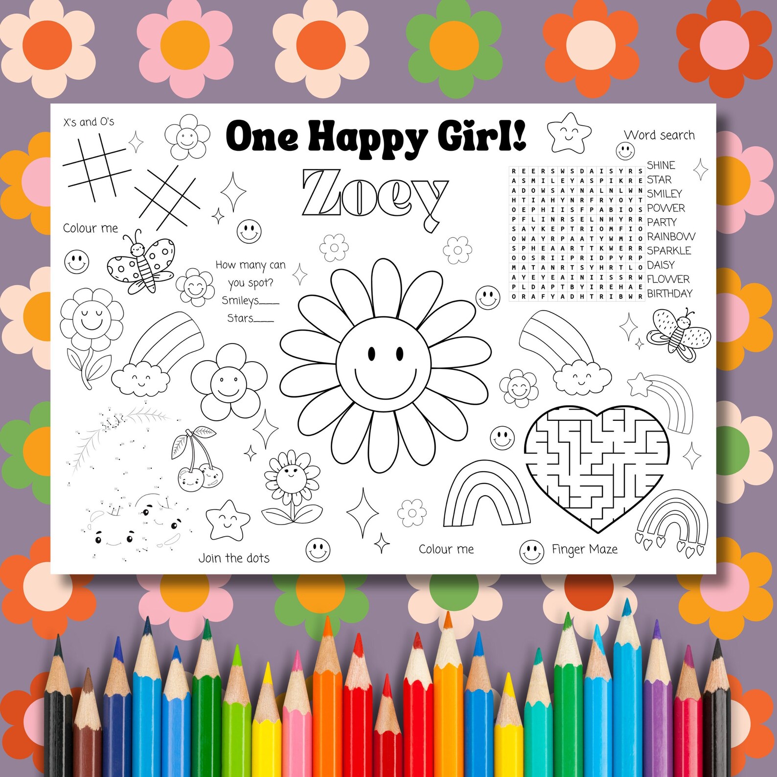 Custom Flower Power Colouring Page Activity Sheet Placemat Party ...