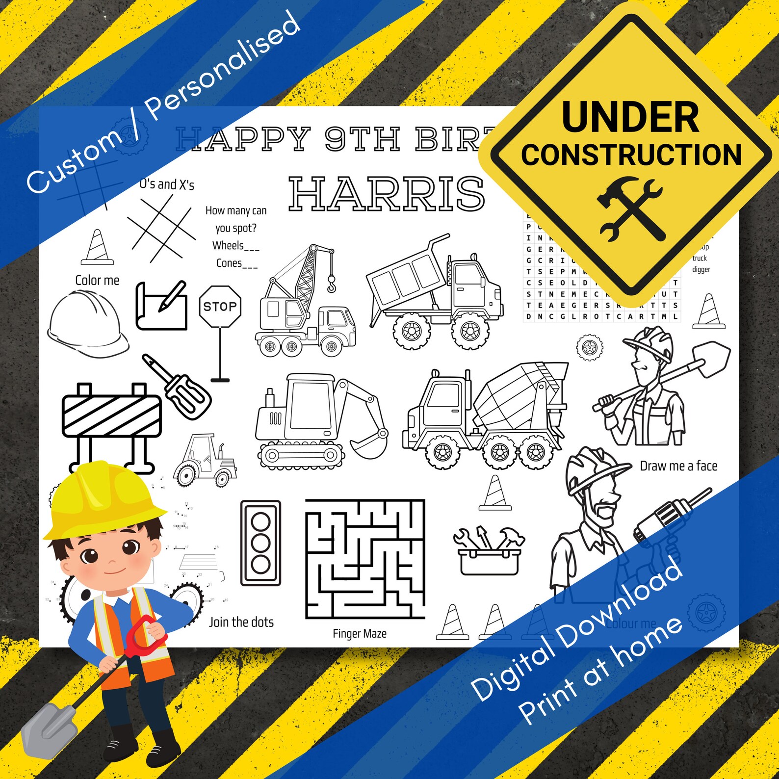Custom Construction Colouring Page Activity Sheet Placemat Birthday ...
