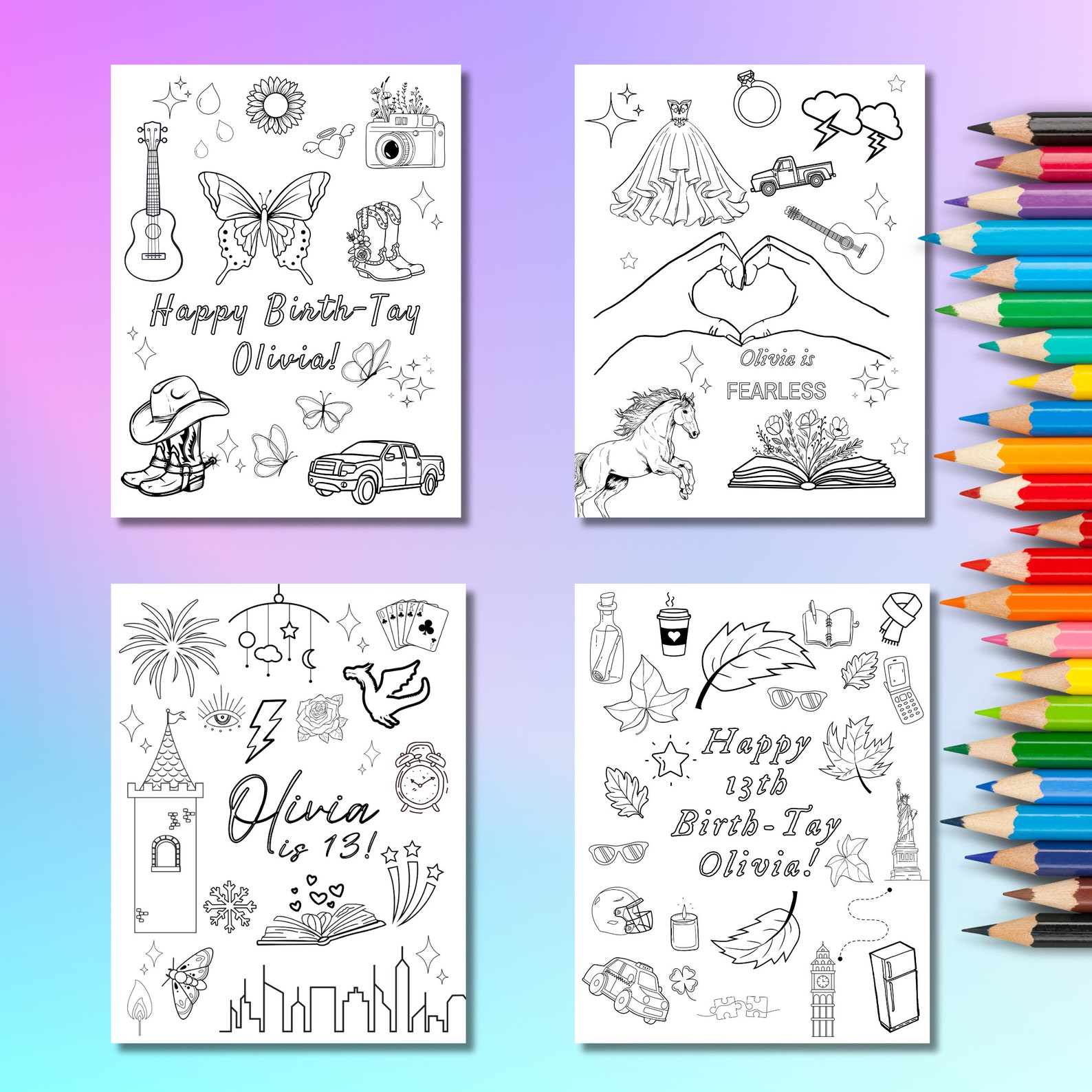 Custom Taylor Eras Colouring Pages Sheets Personalized Party Favours ...