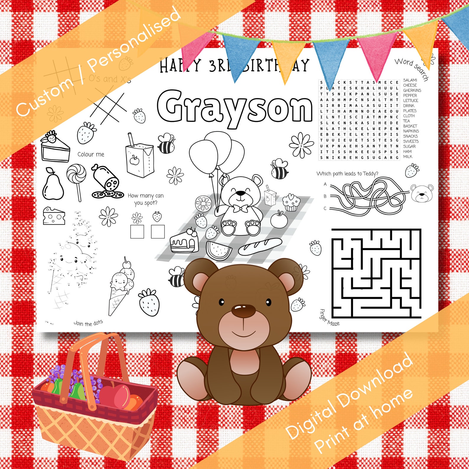 Custom Teddy Bears Picnic Colouring Page Activity Sheet Placemat ...