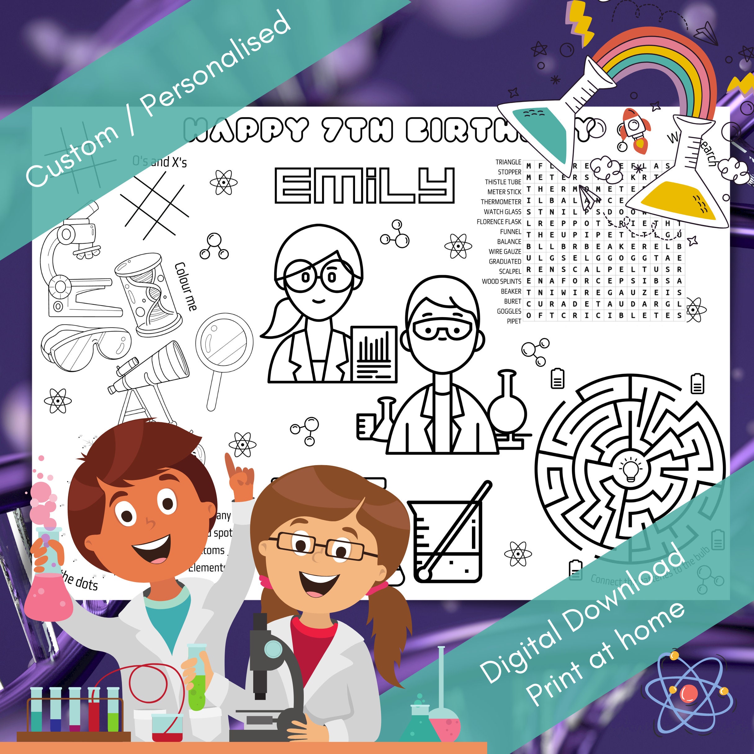 Custom Science Colouring Page Activity Sheet Placemat Party Favours ...