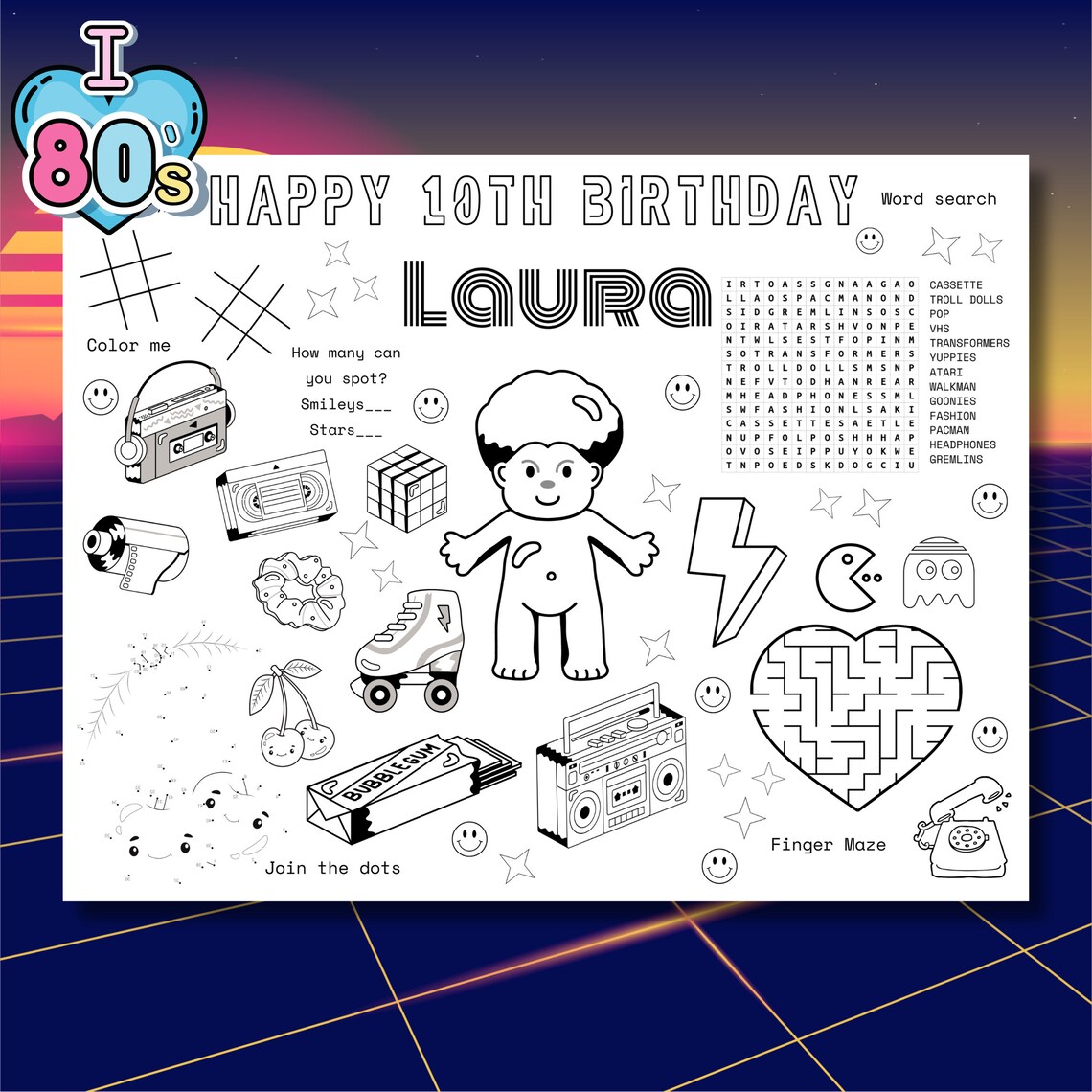 Custom 80's Colouring Page Activity Sheet Placemat Party Favours ...