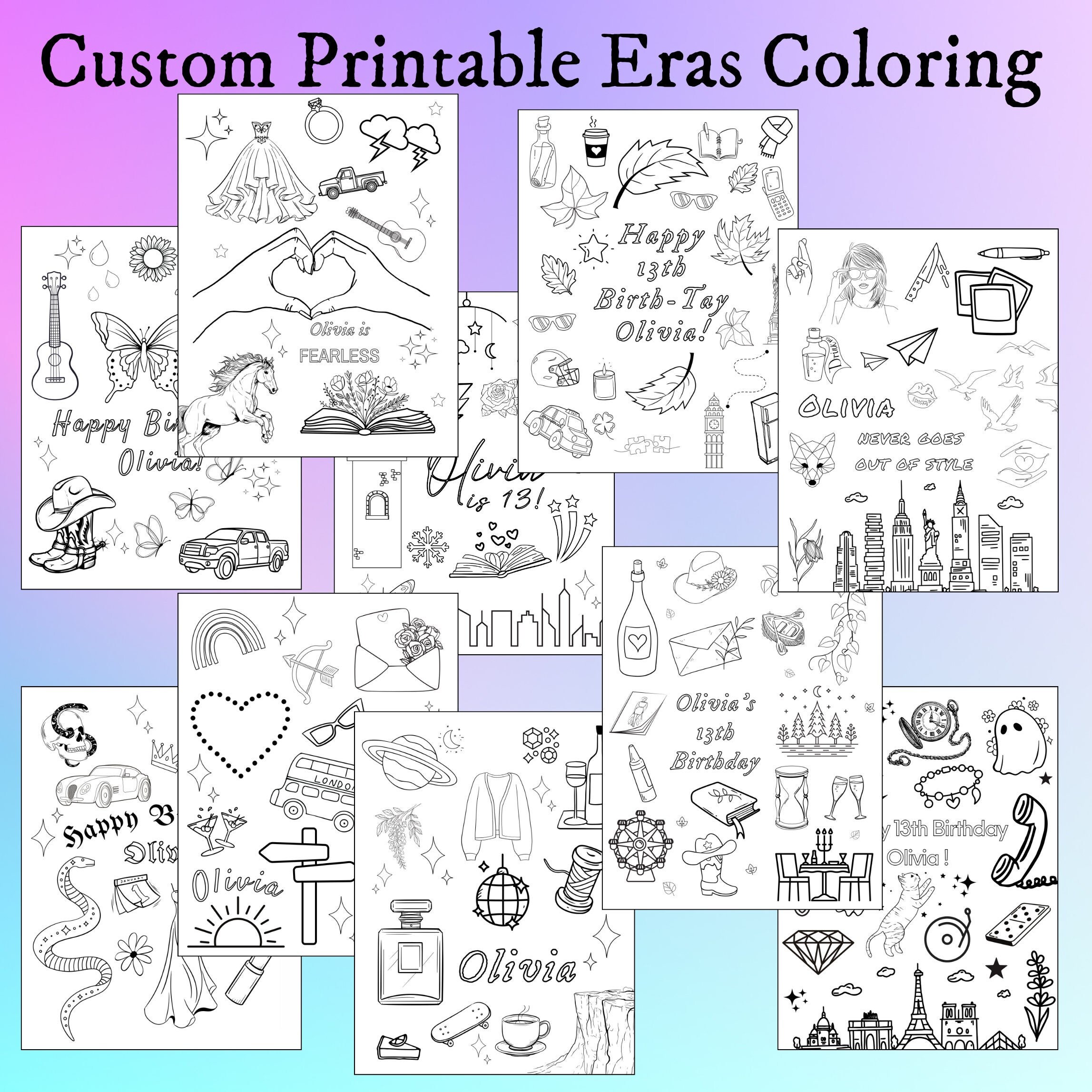 Custom Taylor Eras Colouring Pages Sheets Personalized Party Favours ...