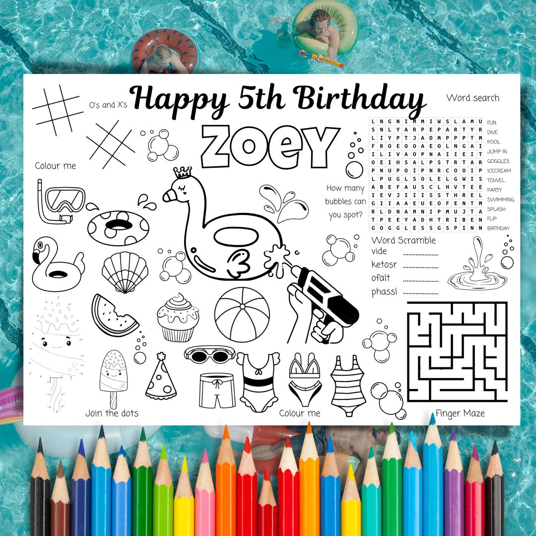 Custom Pool Party Colouring Page Activity Sheet Placemat Birthday Party ...