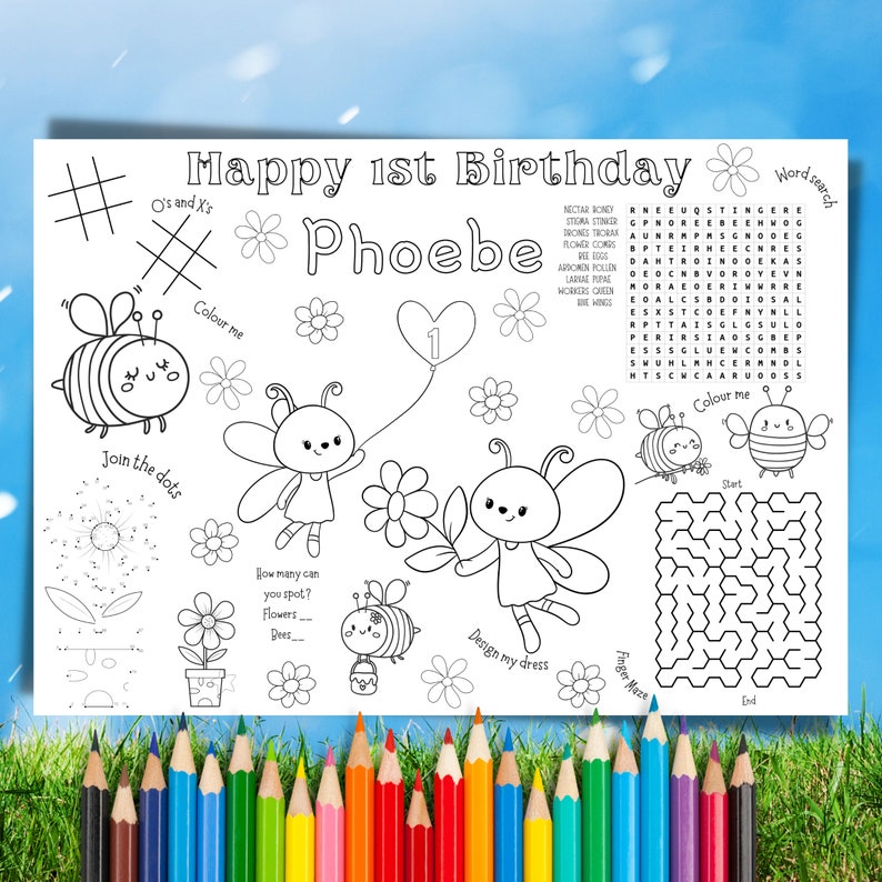 Custom Bee Flower Colouring Page Activity Sheet Placemat Party Favour ...