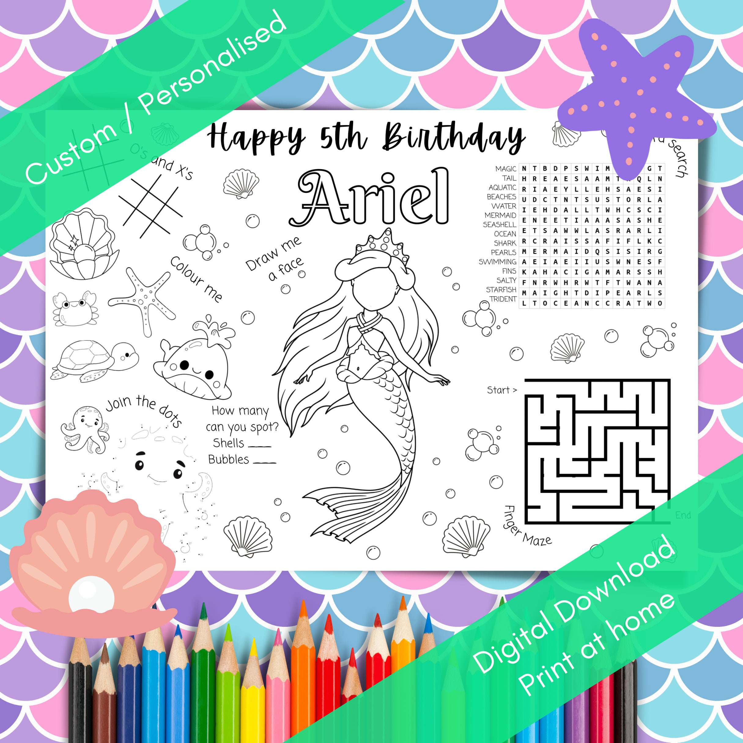 Custom Mermaid Colouring Page Activity Sheet Placemat Birthday Party ...