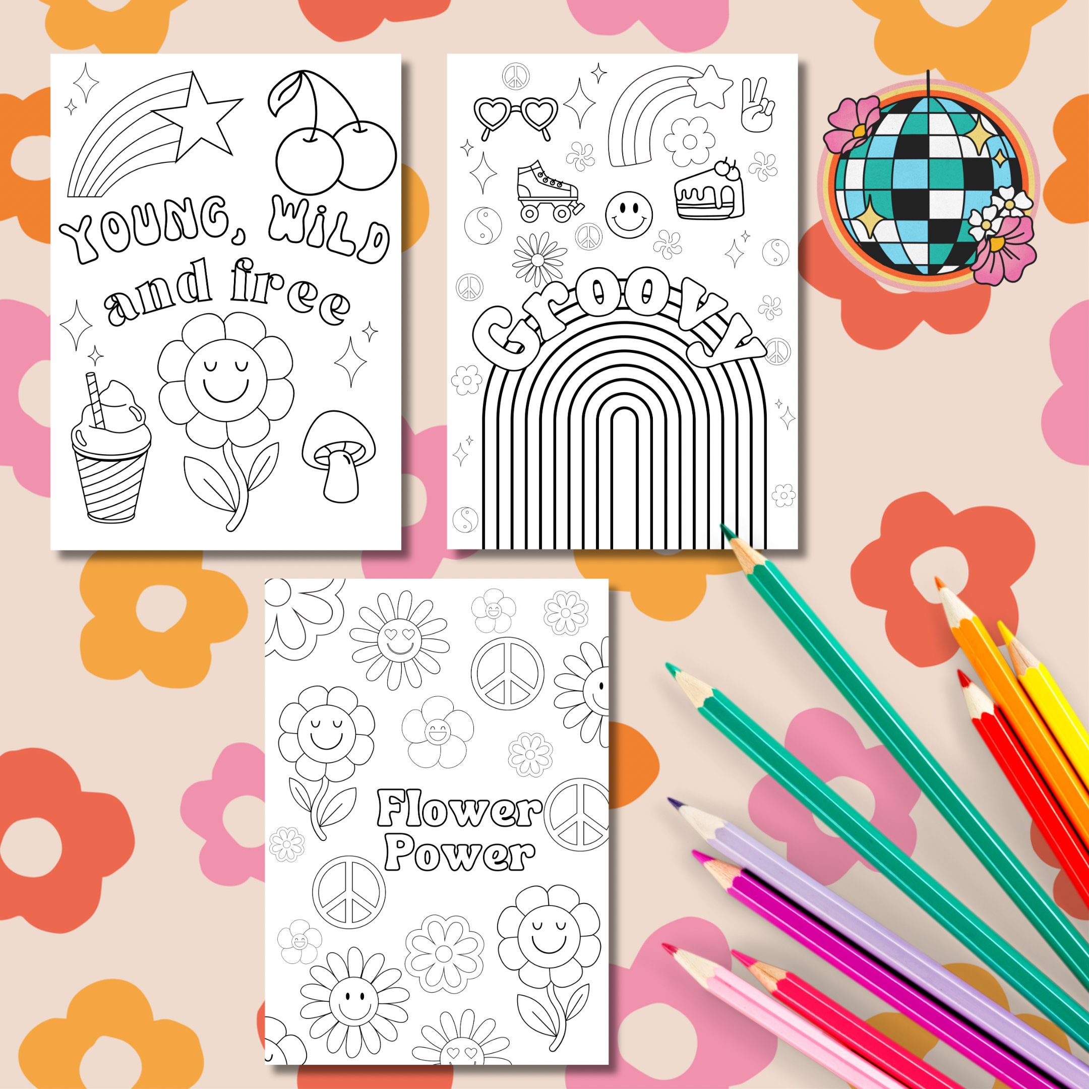 Groovy Baby Colouring Pages Instant Download Printable Flower Power Two ...