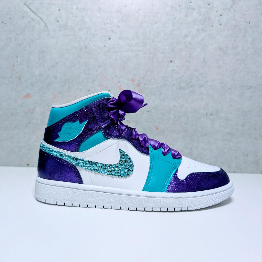 Custom Hand-painted Air Jordan 1 Mid Sneakers | Two-tone With Crystals ...