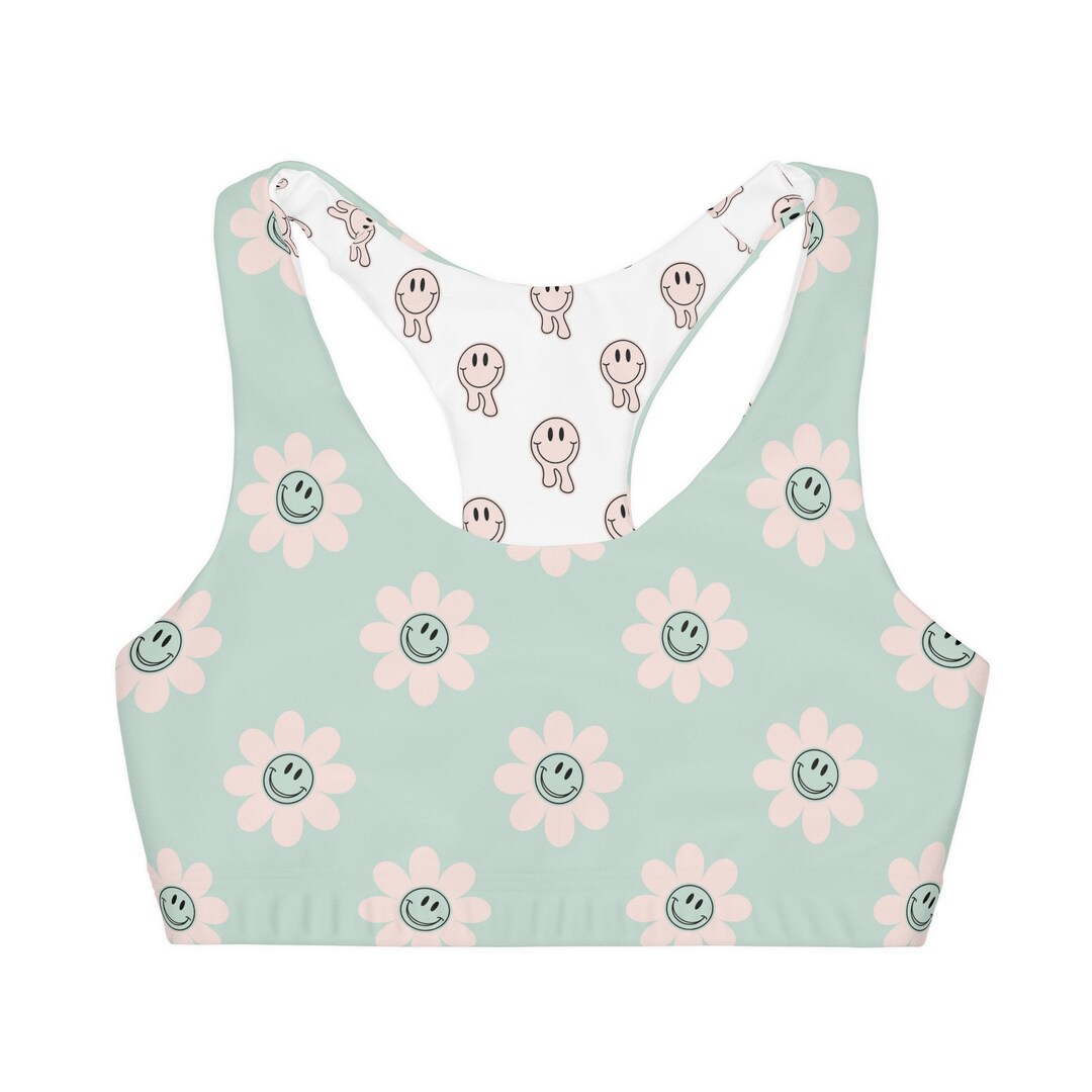 Mint Smiley Face Flower Girls' Double Lined Seamless Sports Bra - Etsy