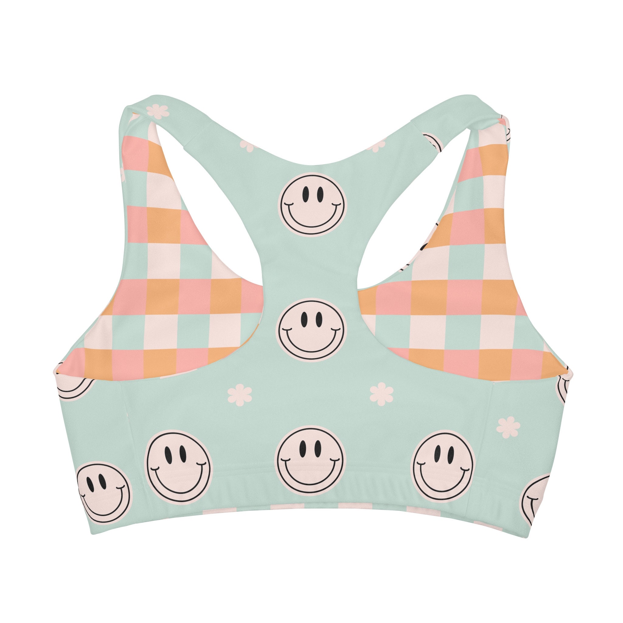 Mint Smiley Face and Plaid Retro Double Lined Seamless Sports Bra - Etsy