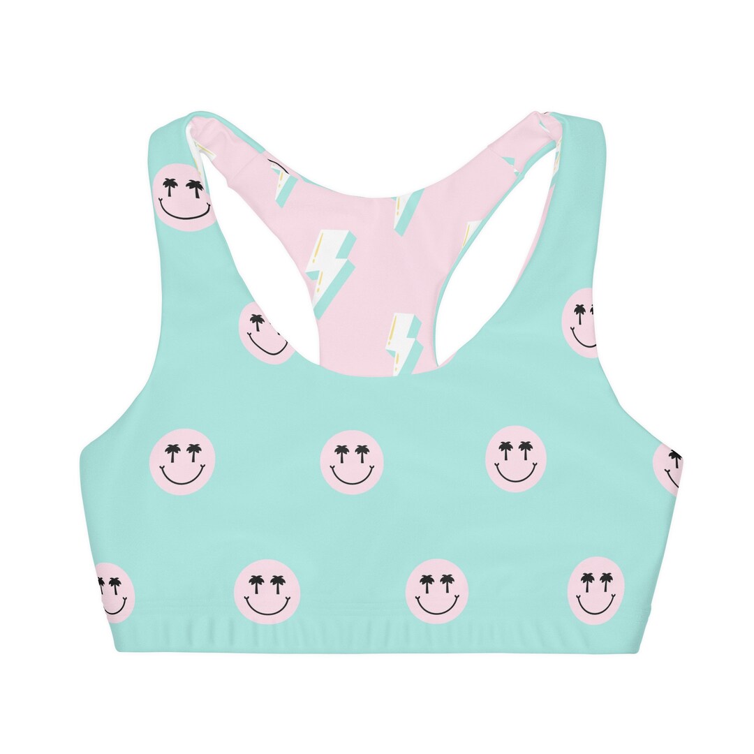 Teal & Pink Smiley Face Girls' Double Lined Seamless Sports Bra - Etsy