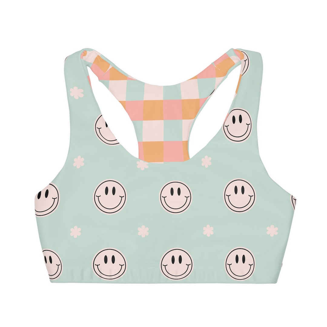Mint Smiley Face and Plaid Retro Double Lined Seamless Sports Bra - Etsy