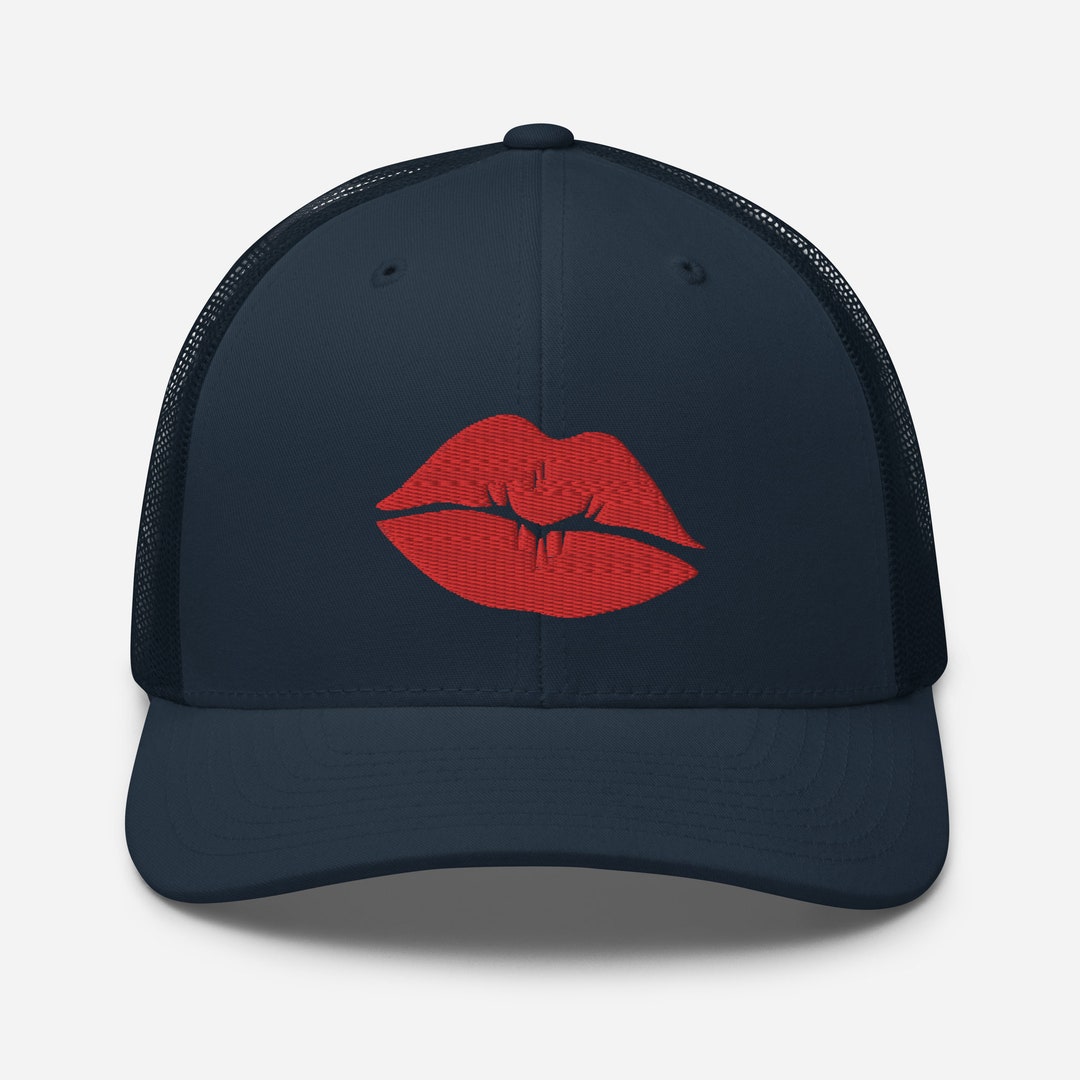 Trucker Hat Embroidered With Red Lips, Kiss Me Ball Cap, Pucker Up ...